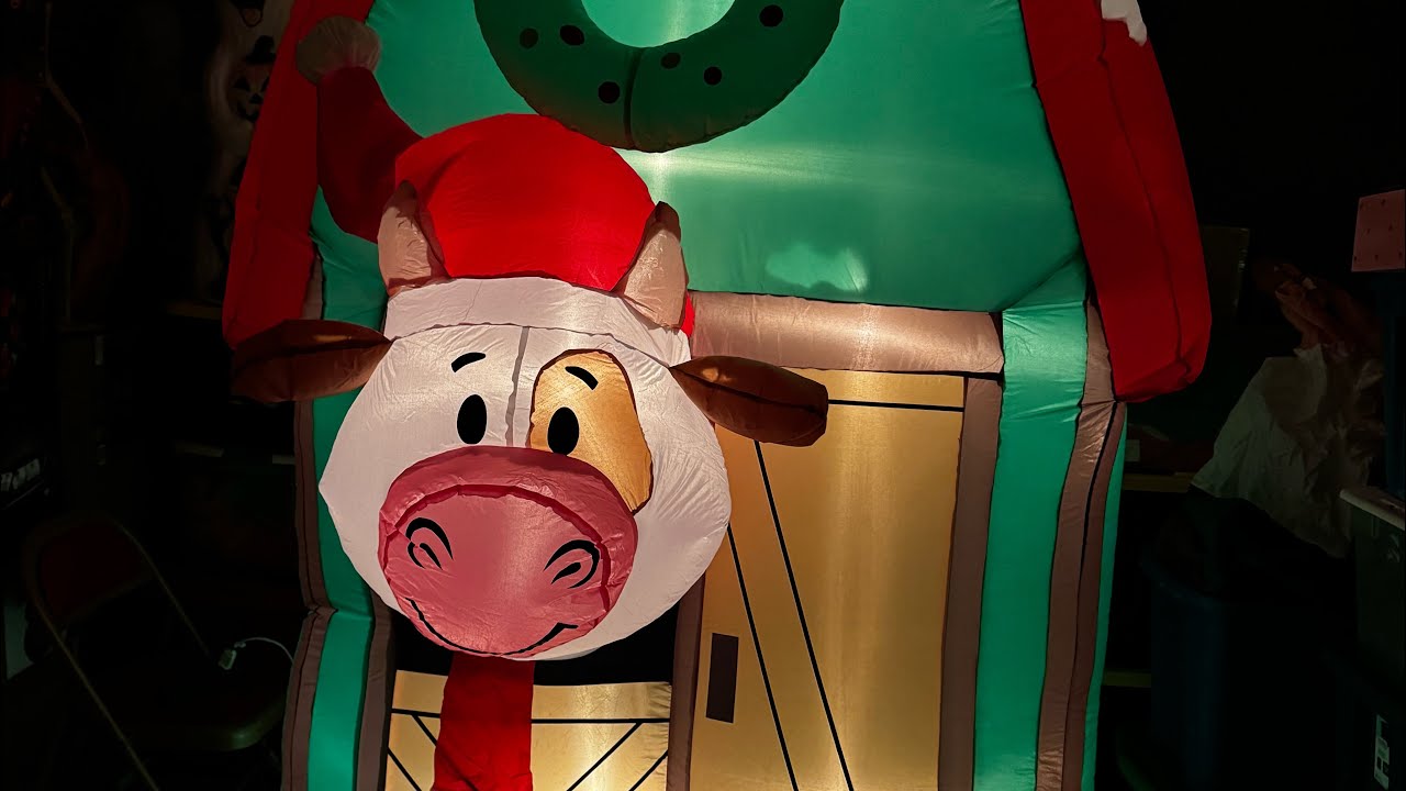 7.5ft inflatable holiday cow in barn inflatable - YouTube