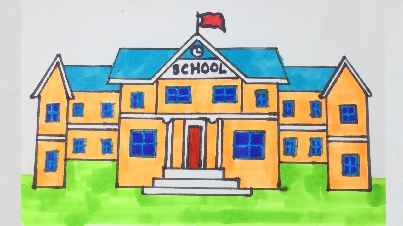 How to Draw a School Step by Step | Easy School Drawing Tutorial For ...