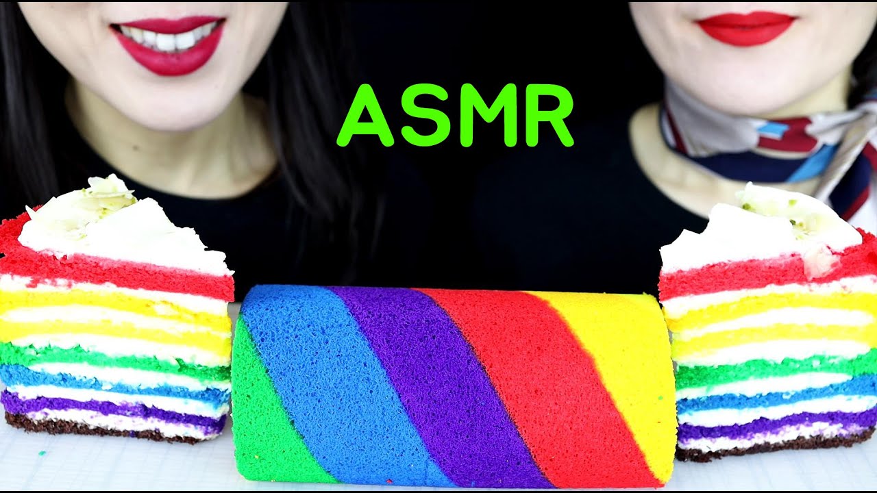 EATING SOUNDS COLORFUL RAINBOW CREAM CAKE ASMR MUKBANG 케이크먹방 kue Bánh ...
