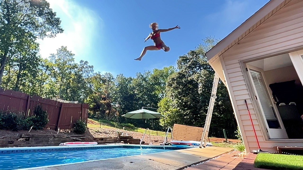 Roof Top Jump into Pool Swimming Climbing Ladder - Hot Asphalt Shingles ...
