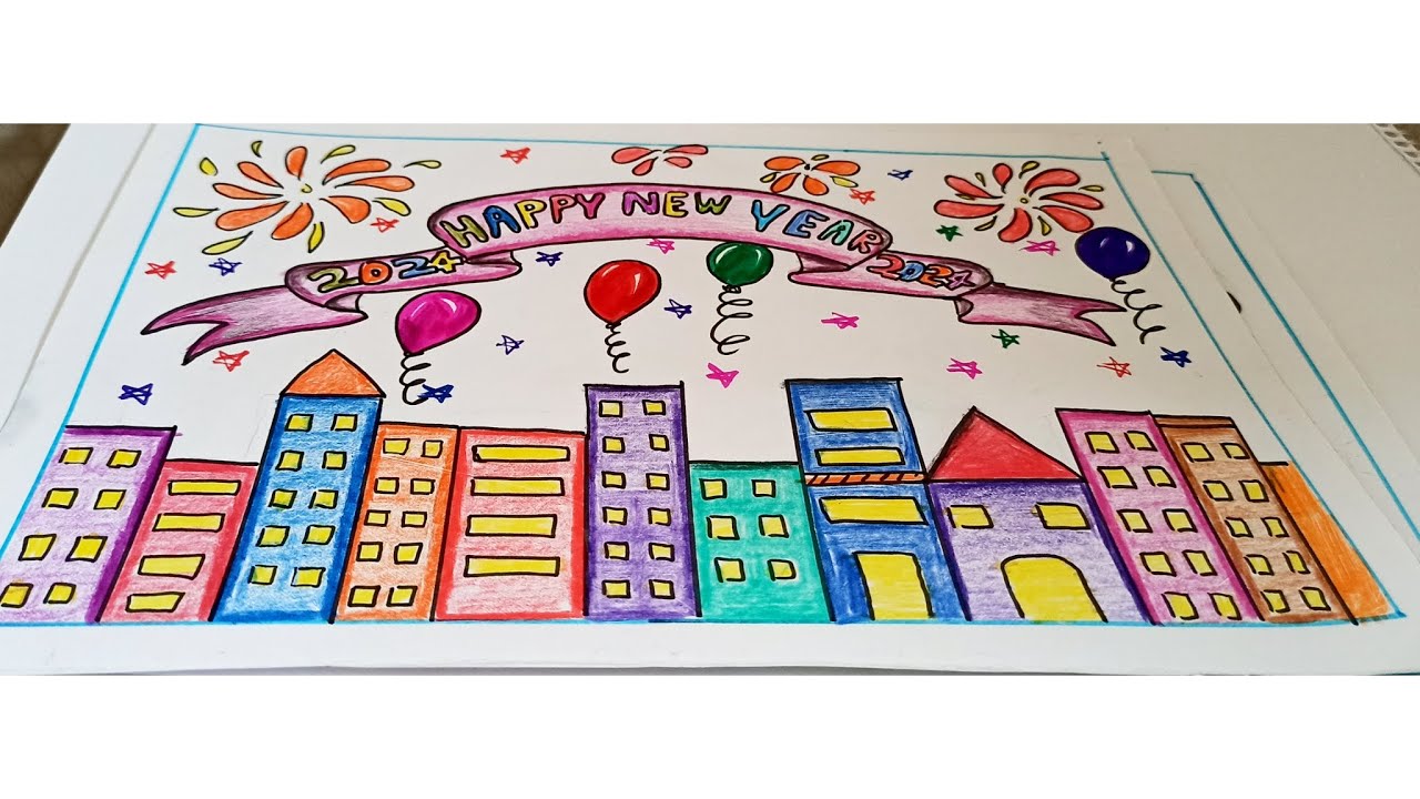 New year 2024 easy drawing/ easy drawing for new year 2024/ Happy new ...
