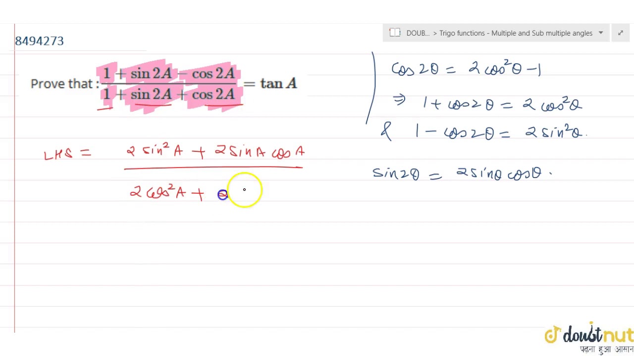 Prove That 1 sin 2A cos 2A 1 sin 2A cos 2A Tan A YouTube