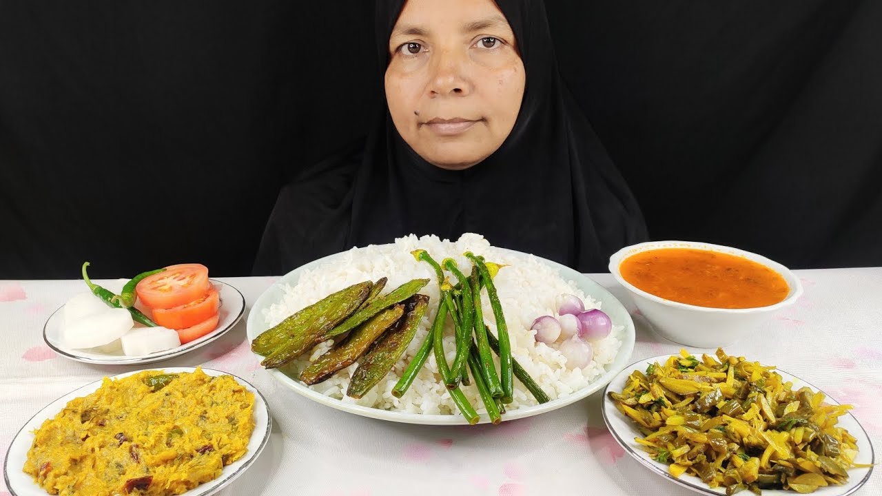 ASMR EATING SHIM BHAJI, TOMATO BHORTA, SPRING ONION FRY, DAL & CHAWAL ...