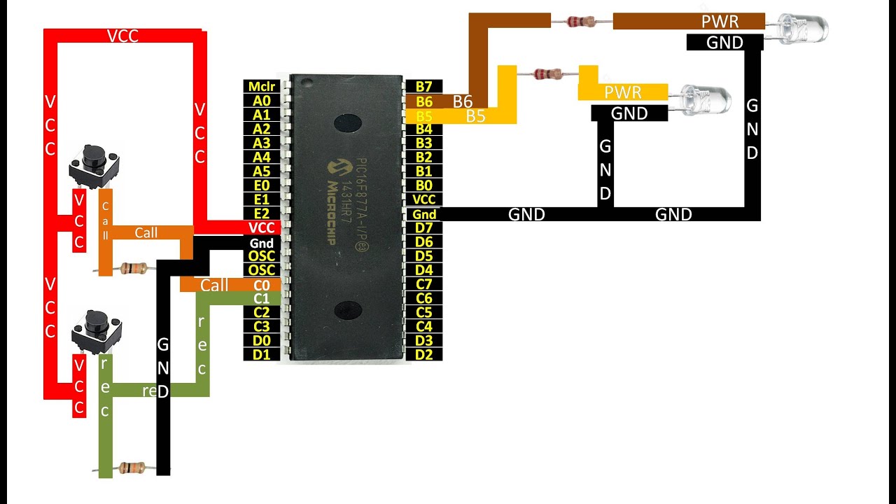 Pic16f877a Based Caller Receiver Circuit Using Leds And Push Buttons Youtube 9079