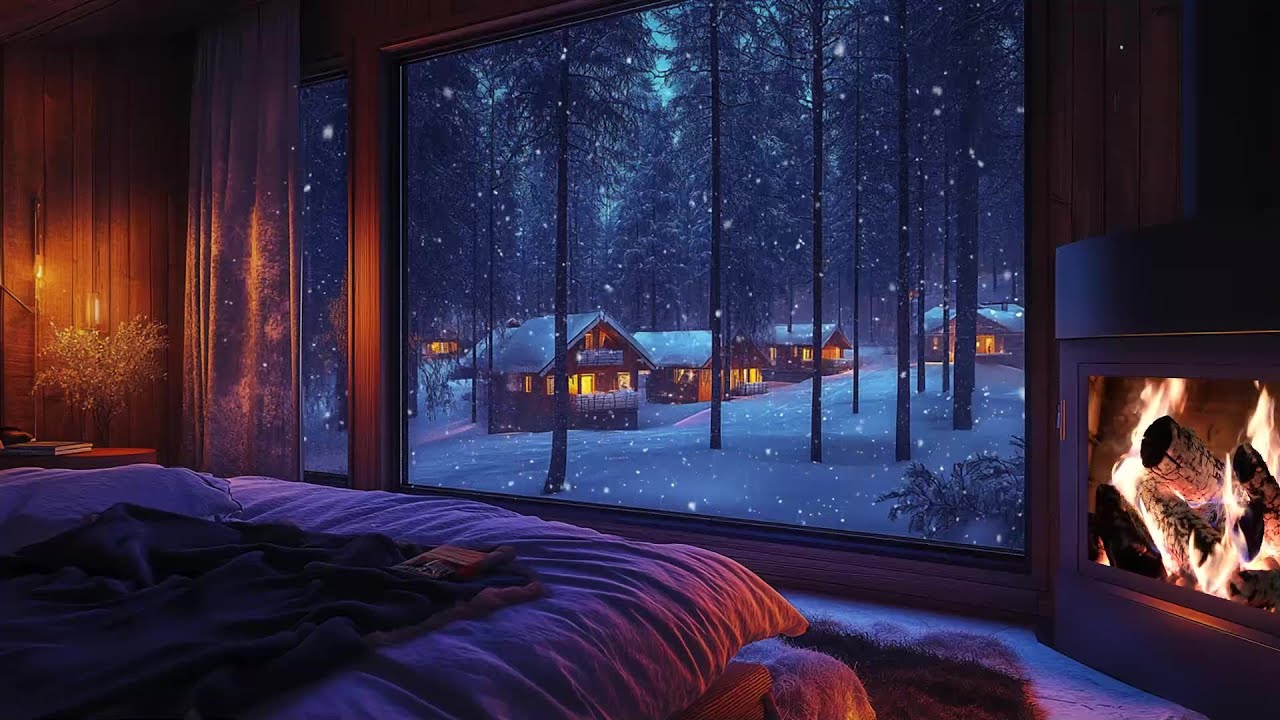 Warm Bedroom - Snow - Fire - Crackling Fire | Cozy Winter Room Ambience ...