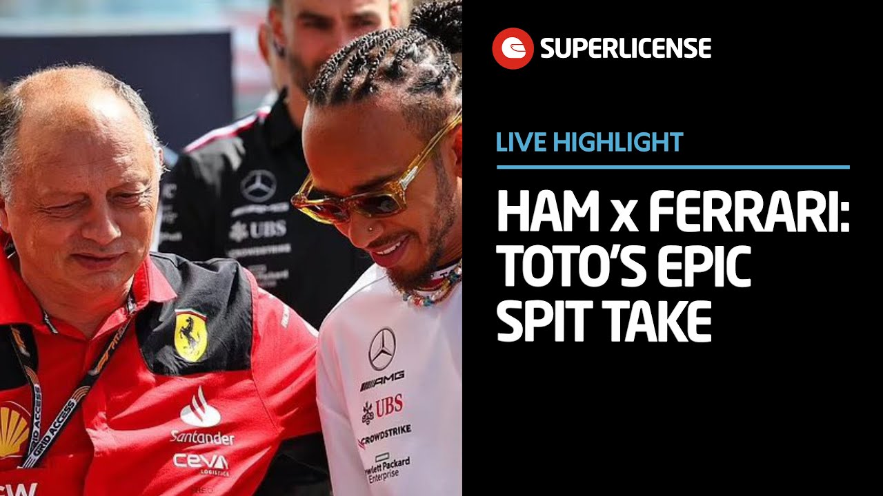 Hamilton x Ferrari: Toto's EPIC spit take - YouTube