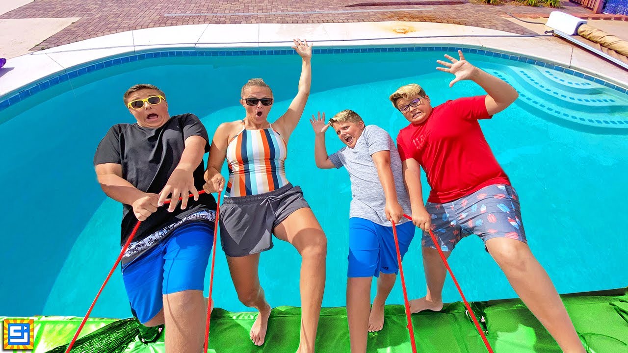 Last to Let Go Giant Backyard Waterpark Trampoline Challenge! - YouTube