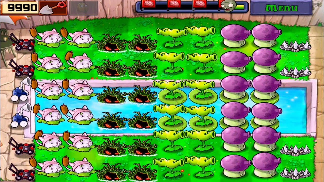 PVZ gameplay | Cattail, Tangled kelp, Split plea, Fume-shroom, Spike ...