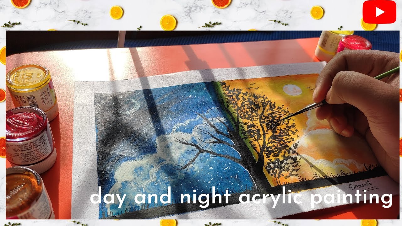 Beautiful Day and Night acrylic painting || step by step easy for ...