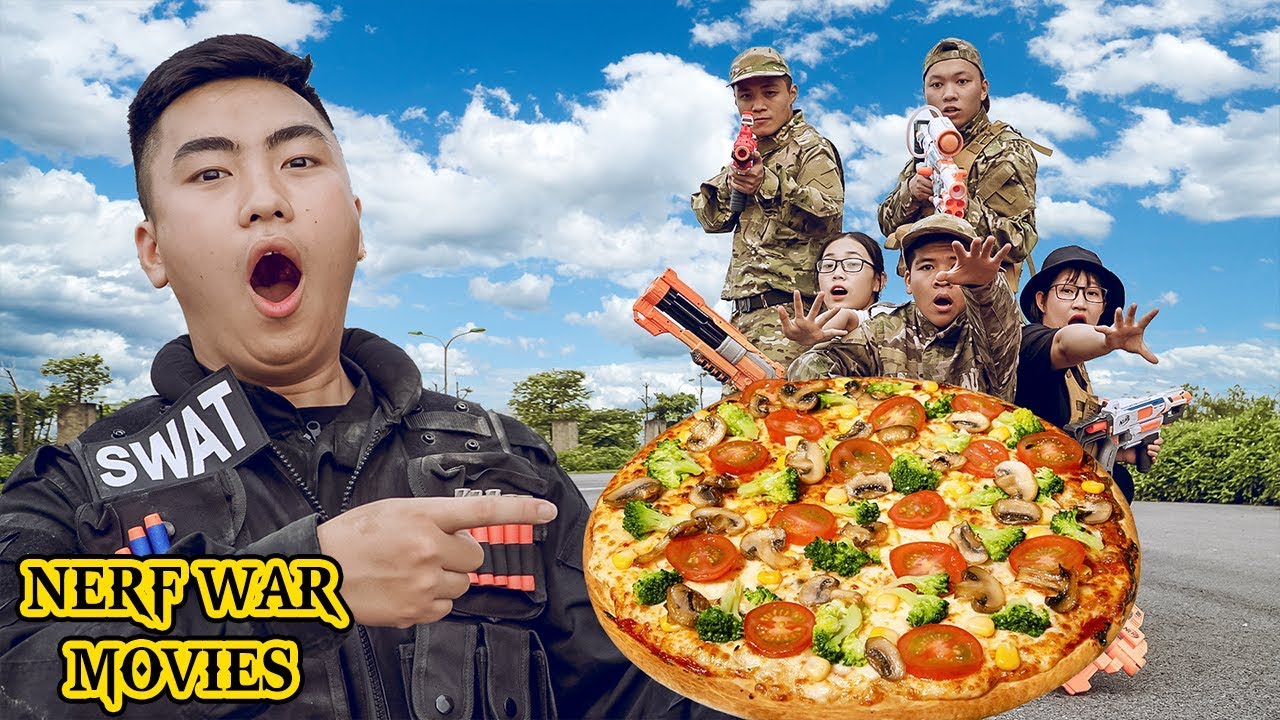Nerf War Movies: Competition Nerf Guns PIZZA HOTDOG BATTLE - YouTube