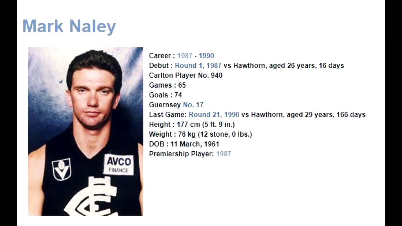 Mark Naley 1987 - Carlton Football Club Past Player - YouTube