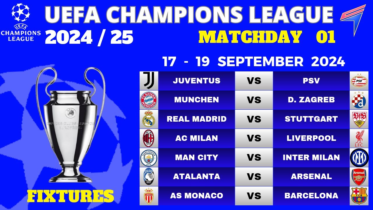 UEFA CHAMPIONS LEAGUE FIXTURES 2024/25 • League Phase Fixtures • UCL ...