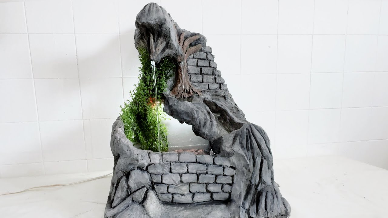 diy concrete tabletop waterfall fountain making - YouTube