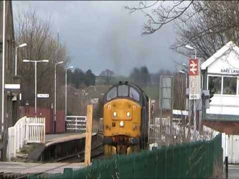 DRS Class 37's 37667 and 37194 with thrash and horn departing Bare Lane ...