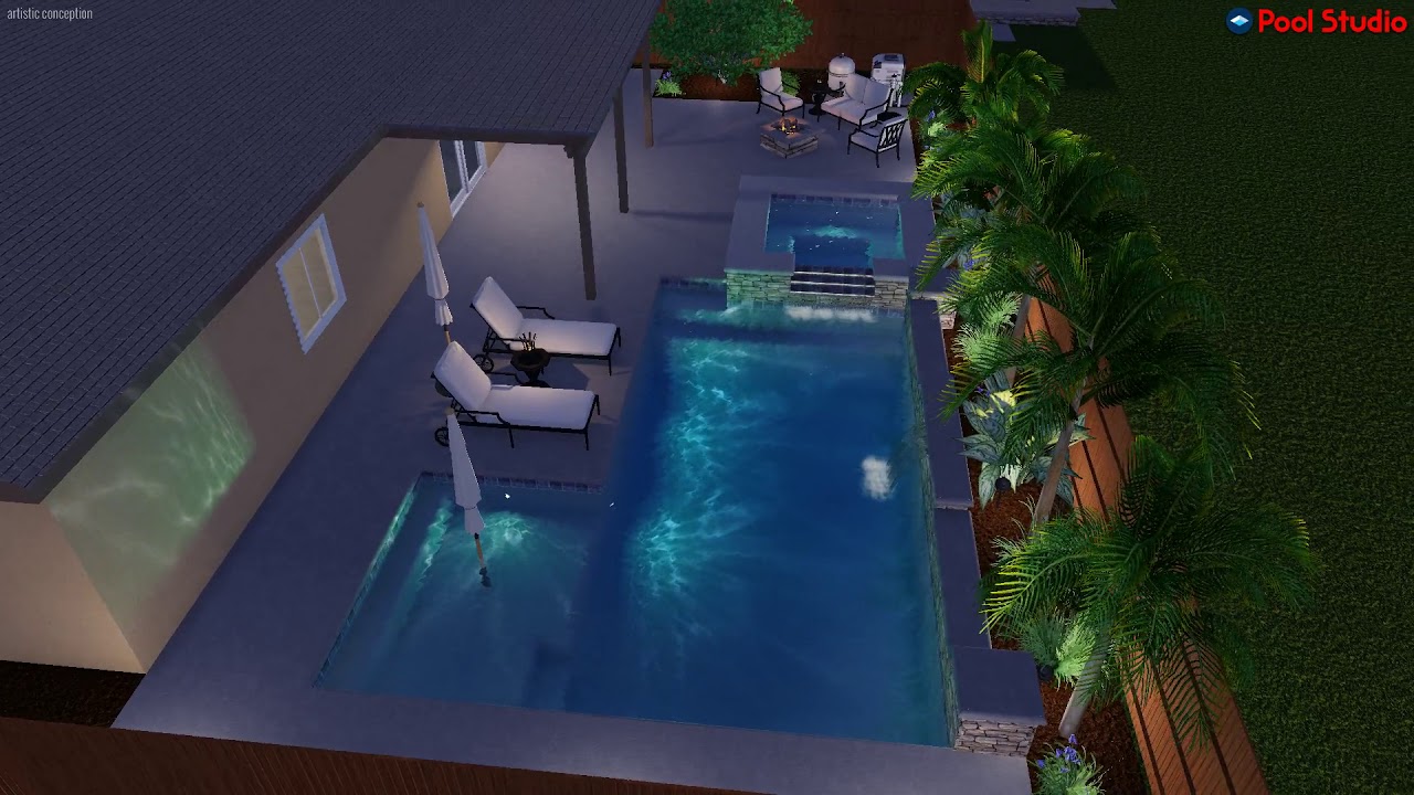 Geometric Pool/Spa, Tiered Spillway, Raised Wall w/ Columns and Sheer ...
