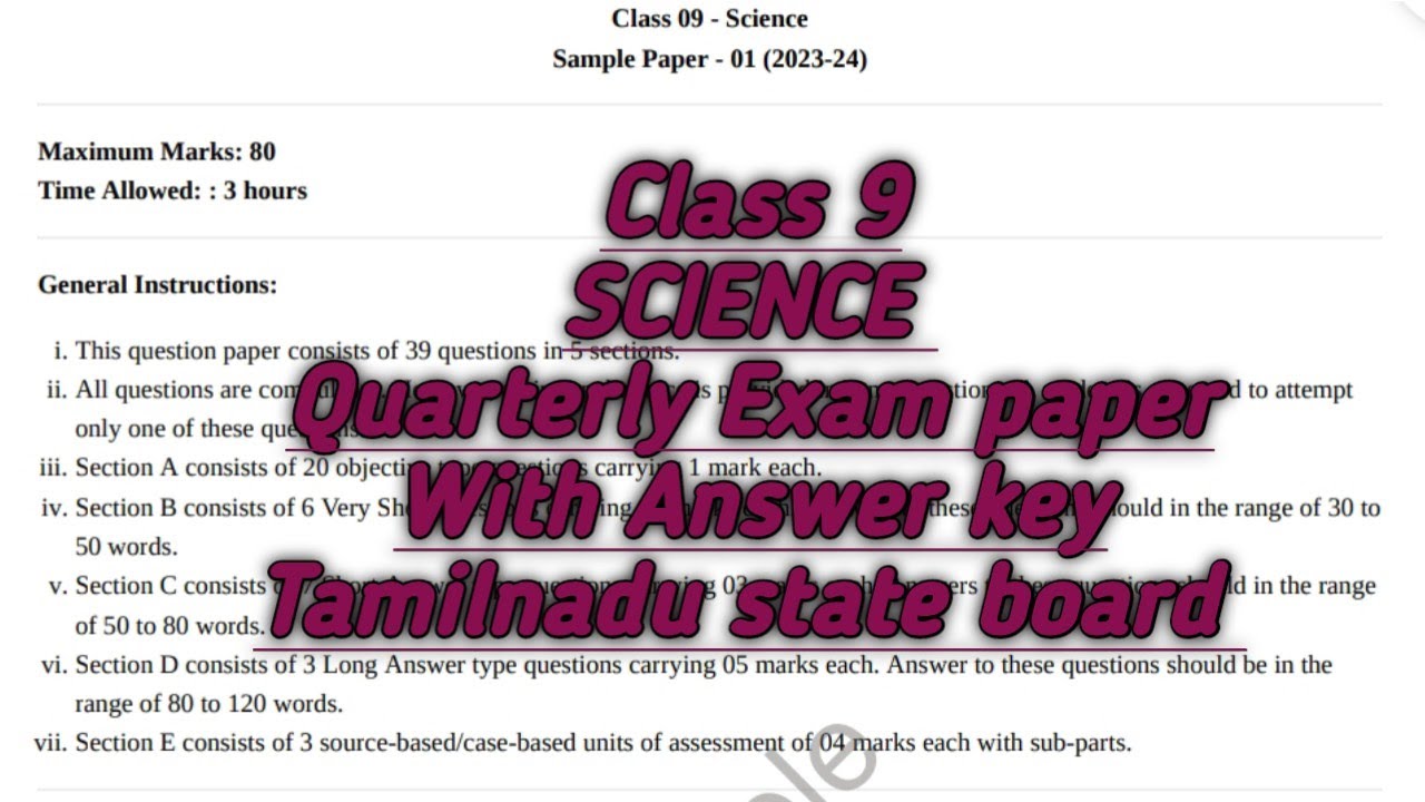 Class 9 Science Quarterly Exam Question paper for 80 marks Tamilnadu ...
