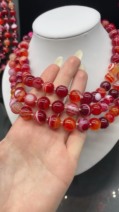 Трёхрядное колье женские из натуральных камней красный агат агат