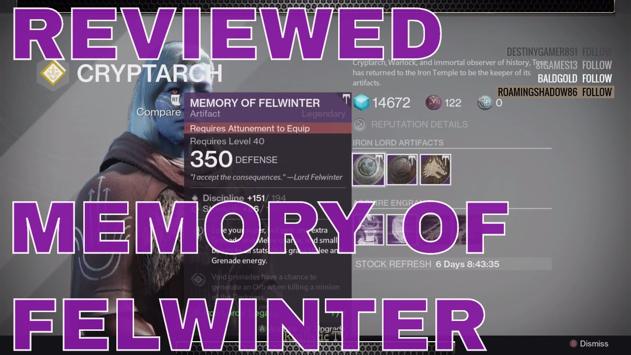 DESTINY: MEMORY OF FELWINTER ARTIFACT - FULL REVIEW - RISE OF IRON ...