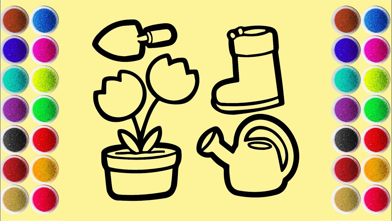 Coloring Flower Sprinklers, Flowers, Boots and Shovels Colorfull Using ...