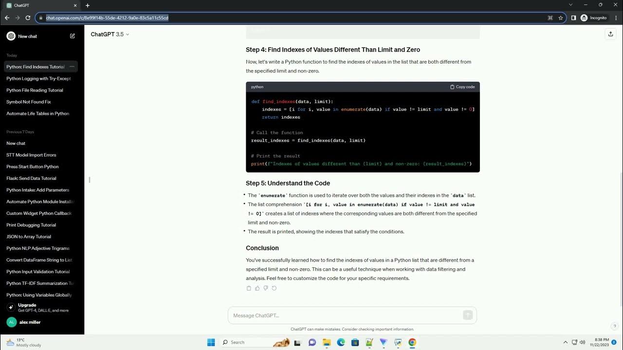 Python get indexes of values different than limit and zero - YouTube