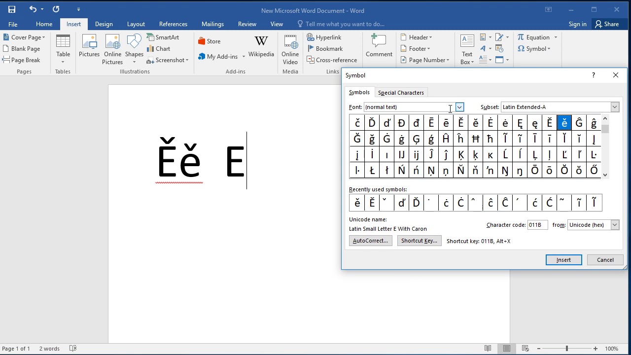 How to type letter E with Caron In Word - YouTube