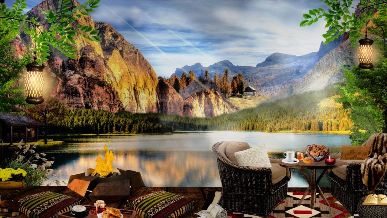SUMMER AMBIENCE-LAKESIDE NATURE SOUNDS-CRACKLING FIREPIT-MOUNTAIN RANGE ...