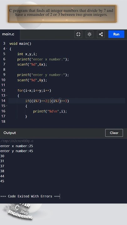 C program to find all integer numbers that divide by 7 and have a remainder of 2 or 3 ...