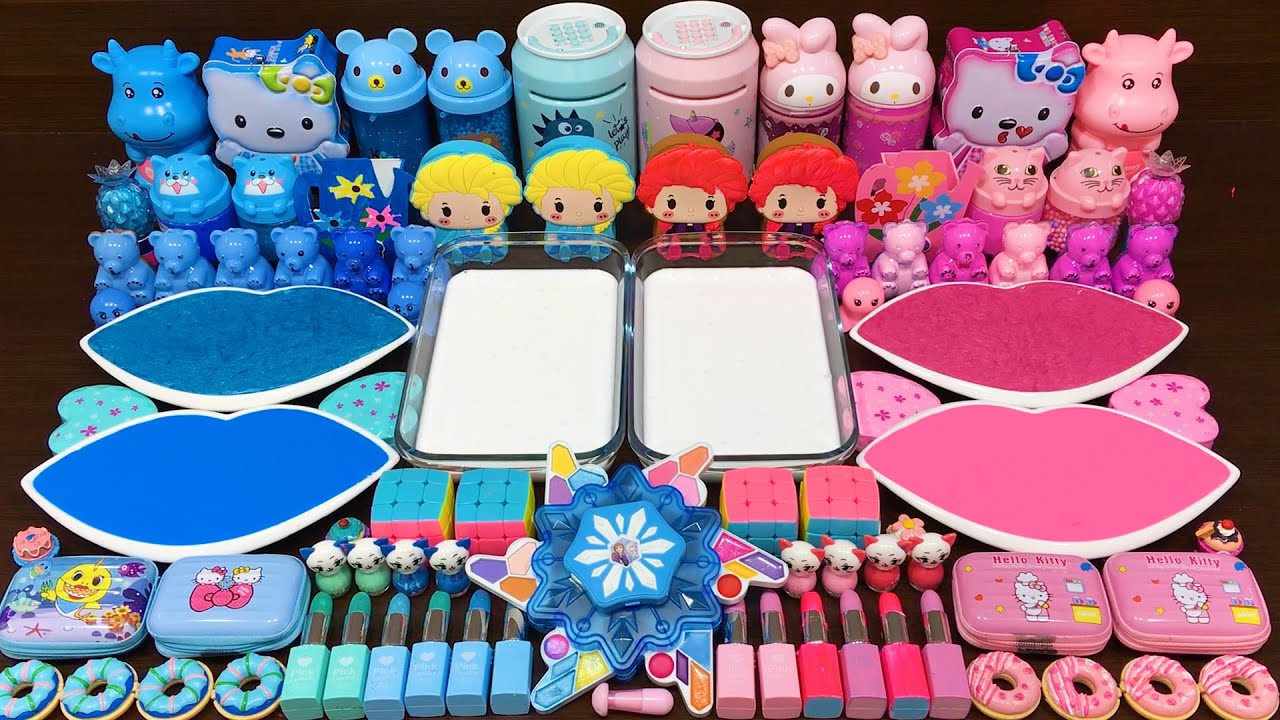 BLUE VS PINK! Mixing Makeup, Glitter and More into Glossy Slime ...