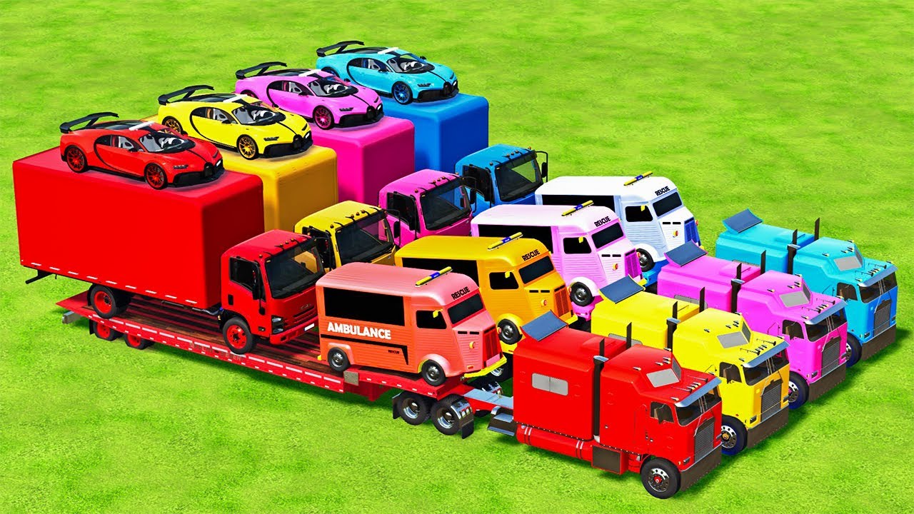 TRANSPORTING COLORED BUGATTI POLICE CARS, AMBULANCE, ISUZU TRUCK WITH ...