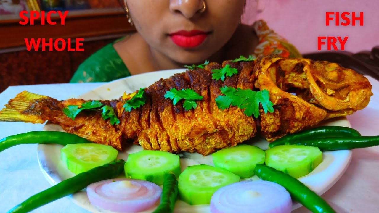 EATING BIG FULL FISH FRY WITH CHILLI | WHOLE FISH FRY EATING | MUKBANG ...