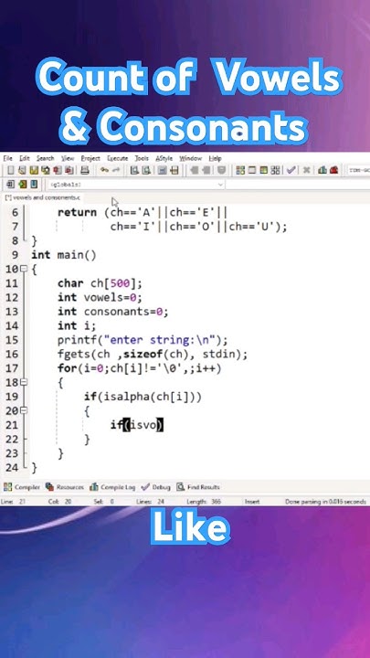 Count of vowels and consonants using C Language - YouTube