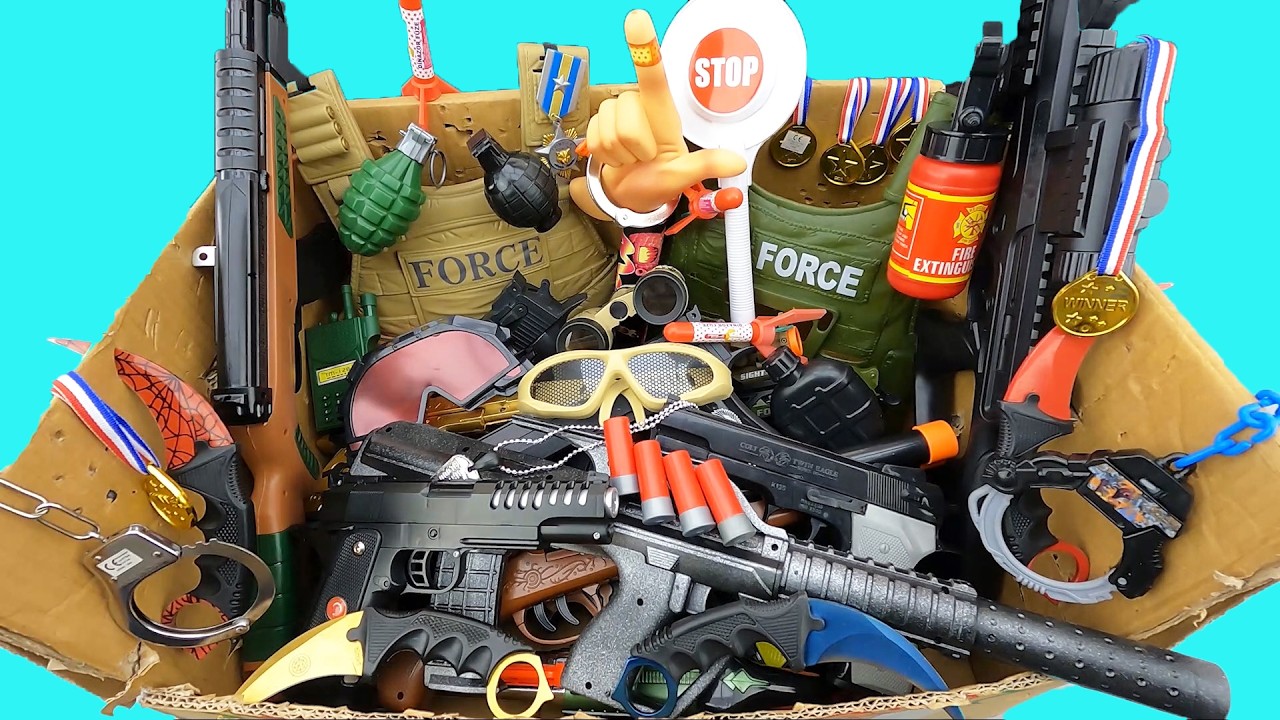 Huge Toy Gun Box: Shotguns, Pistols, Grenades, and Police Gear! - YouTube