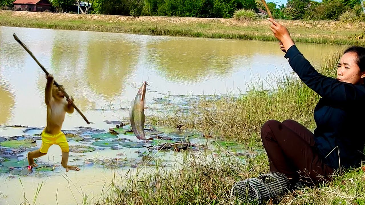 Smart SokYaa Found Mother Fishing Catfish At River, Help Mom - YouTube