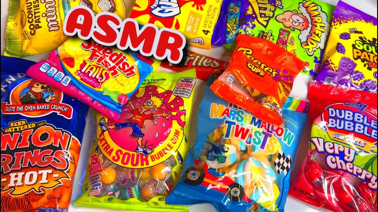 NEW 101 ASMR Candy & Snacks Cry Baby Sour Gumballs Gushers Grape Sour ...
