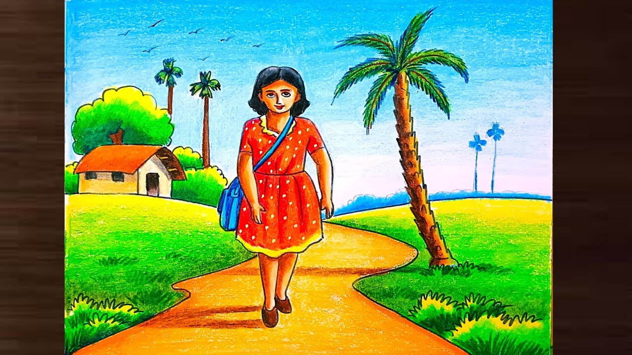 Village girl scenery drawing step by step/Beautiful village girl ...
