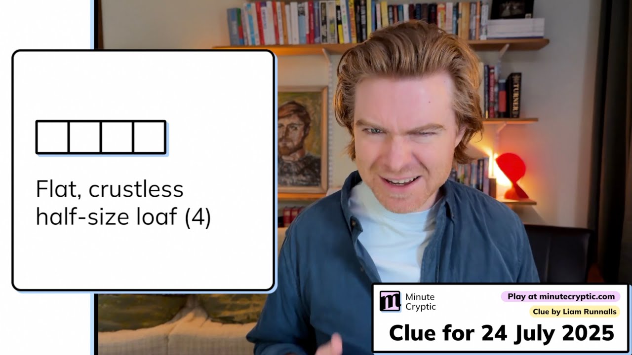 Minute Cryptic Clue 394: Flat, crustless, half-size loaf (4) - YouTube