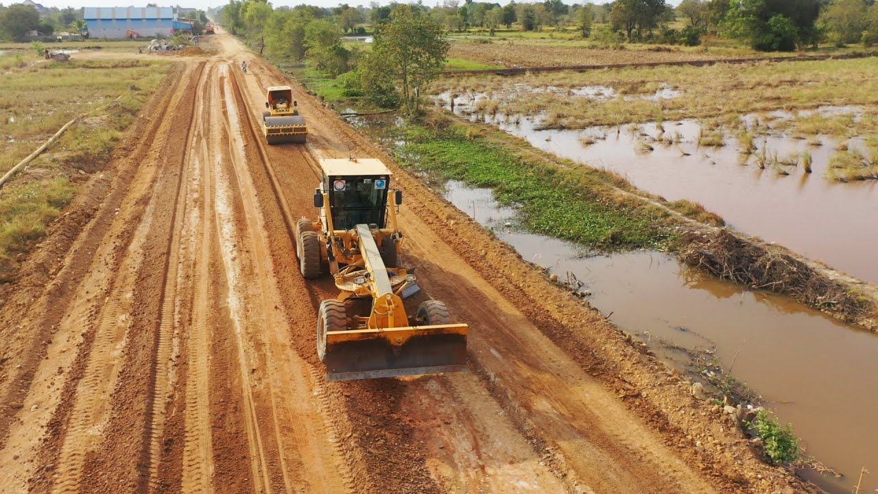 Skill Operator Motor Grader Prepare Mix And Grading Top Soil Before ...