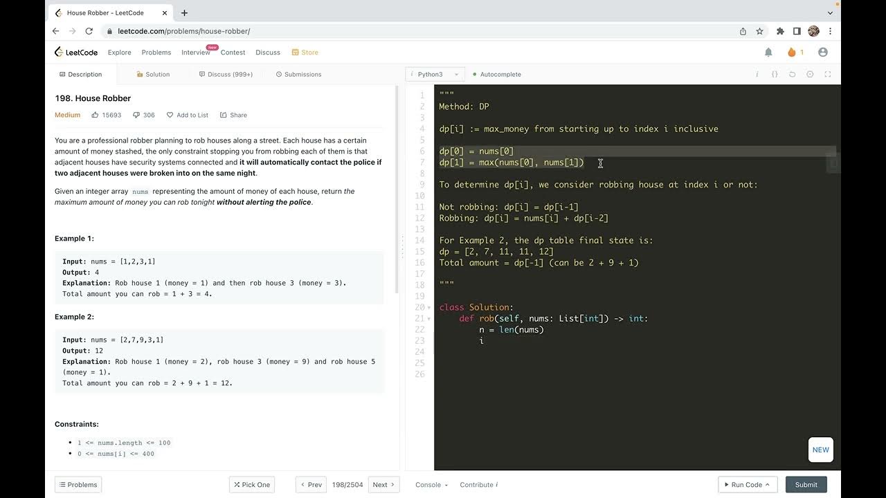 leetcode 198. House Robber - short DP solution - YouTube