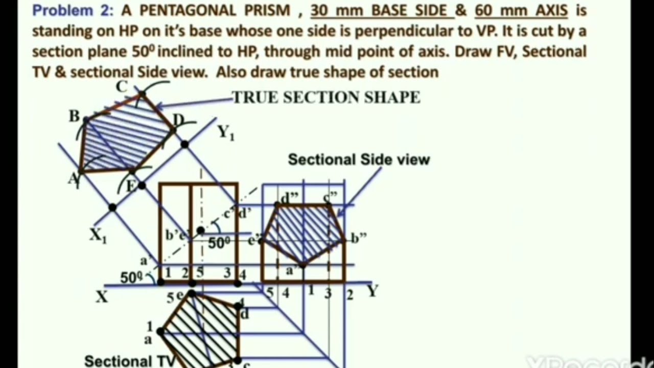 A pentagonal prism 30 mm base side and 60 mm axis is standing on HP ...