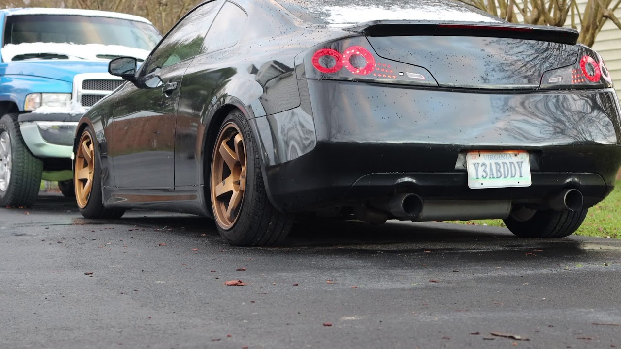 G35 coupe stillen true dual exhuast and manzo test pipe cold start ...