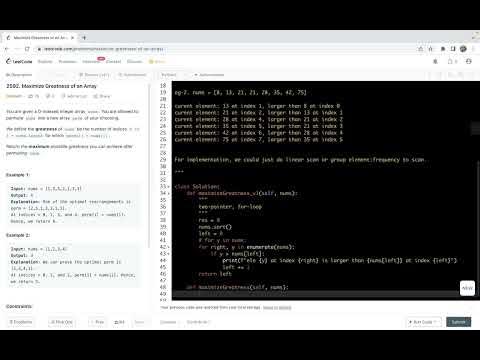 leetcode 2592. Maximize Greatness of an Array - two-pointer or just for-loop after sorting - YouTube