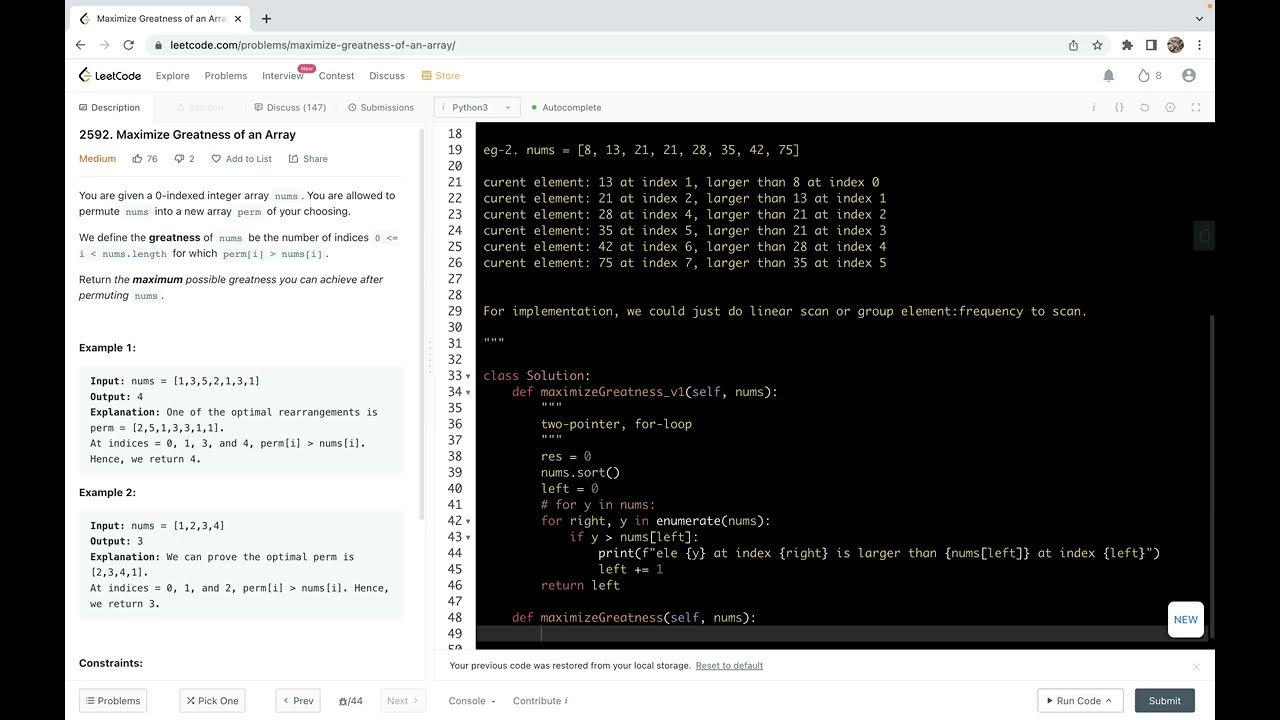 leetcode 2592. Maximize Greatness of an Array - two-pointer or just for-loop after sorting - YouTube