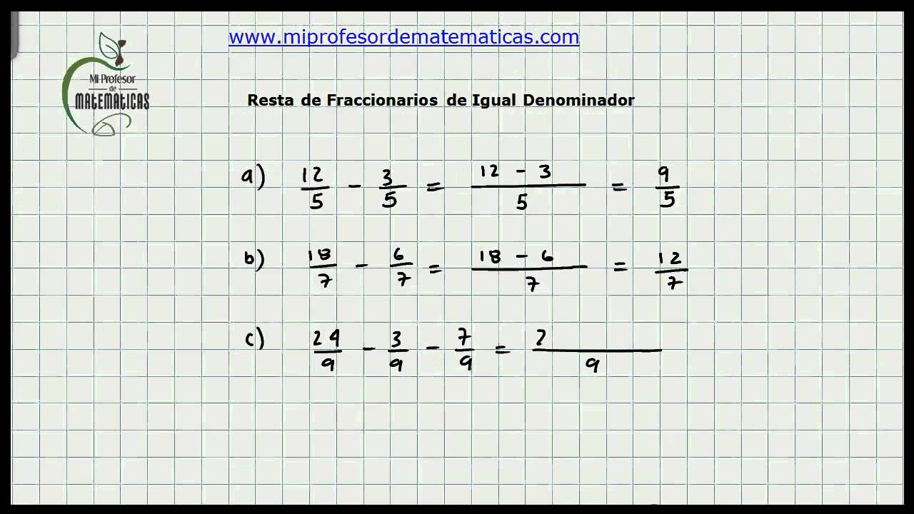Resta de Fracionarios o Quebrados con Igual Denominador - Matematica ...
