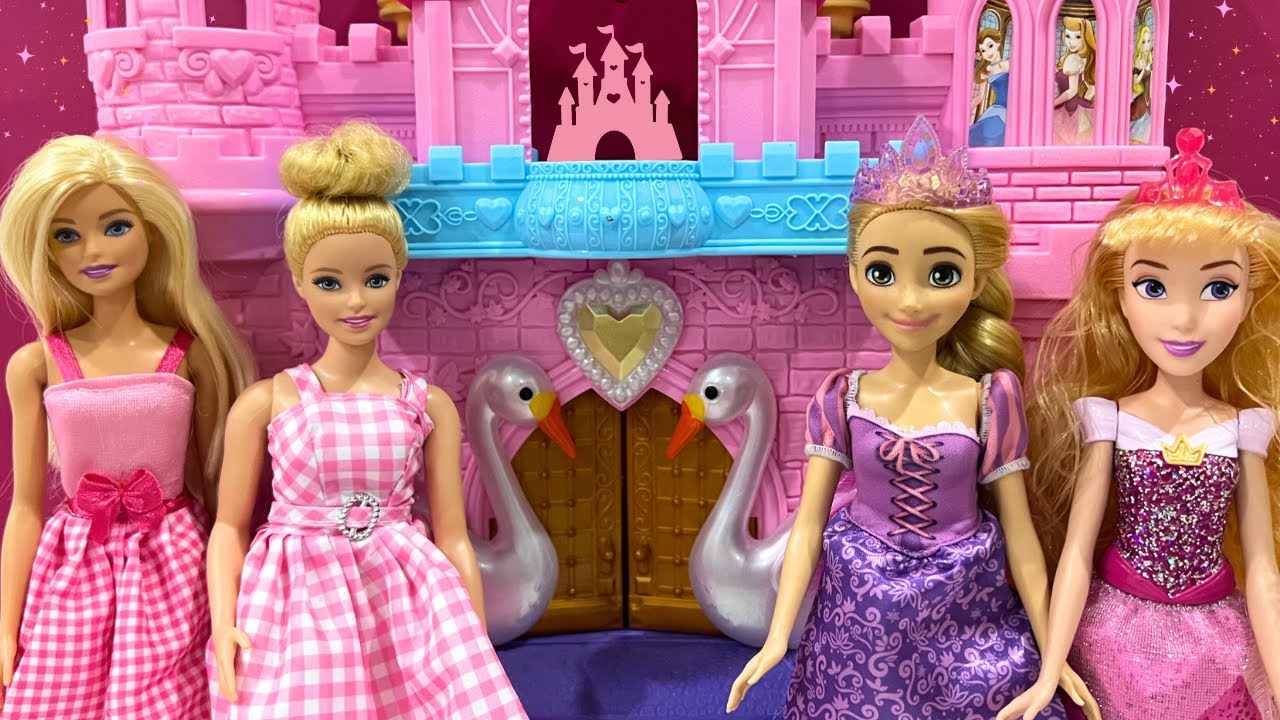 Barbie Twins vs Disney Princesses Rapunzel Aurora Pink Purple Swan ...