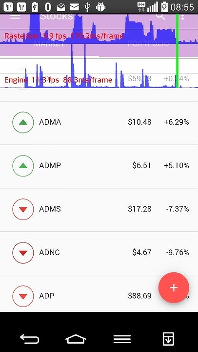 Flutter "Stocks" example. FPS much better when using --release flag. - YouTube