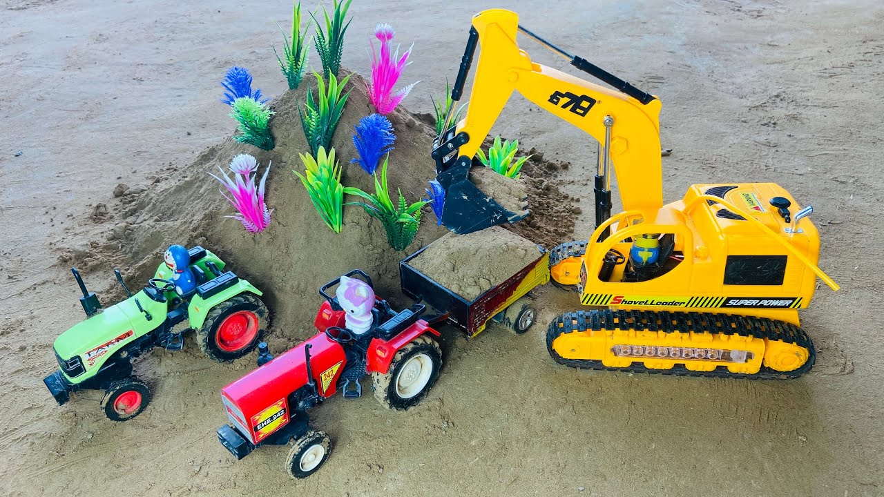 Toy JCB 5cx Backhoe fully loading sand to mini eicher tractor trolley ...