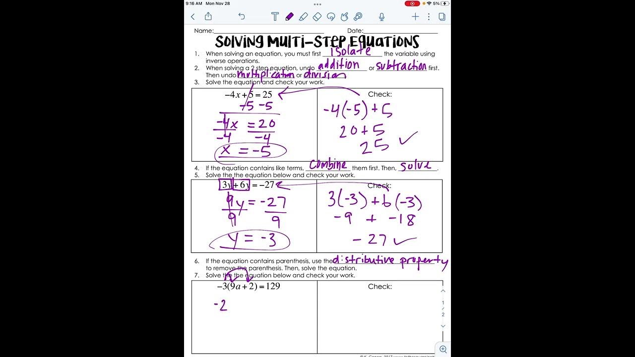 Multi-Step Equations Notes - YouTube