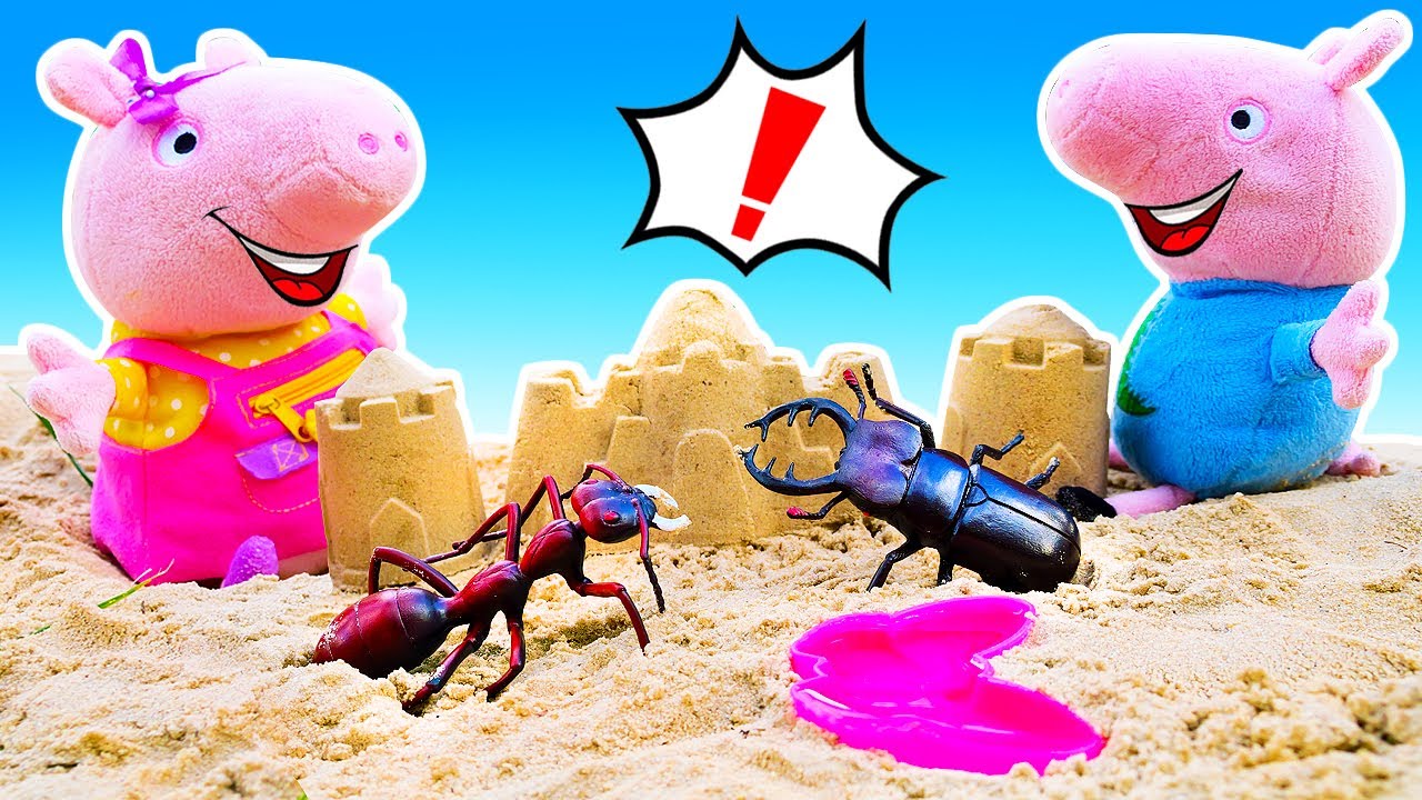 Peppa e George costruiscono i castelli di sabbia con gli insetti ...