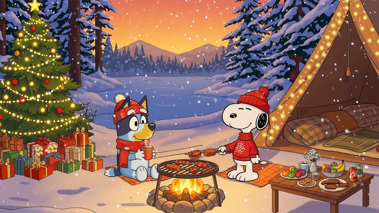 Bluey & Snoopy Winter Lakeside Camp 🔥🎄 Relaxing Lofi for Focus ...