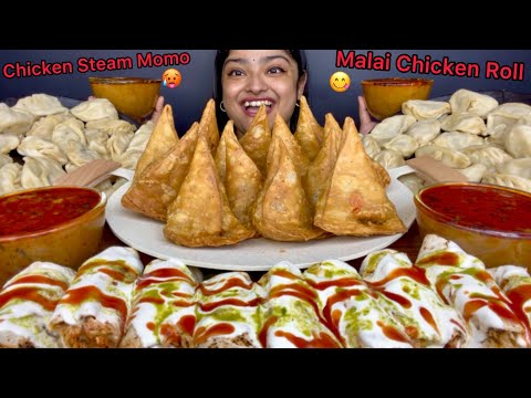 CHICKEN STEAM MOMOS, CREAMY CHICKEN MALAI BOTI ROLL, VEGETABLE SAMOSA WITH SPICY CHICKEN CURRY |ASMR